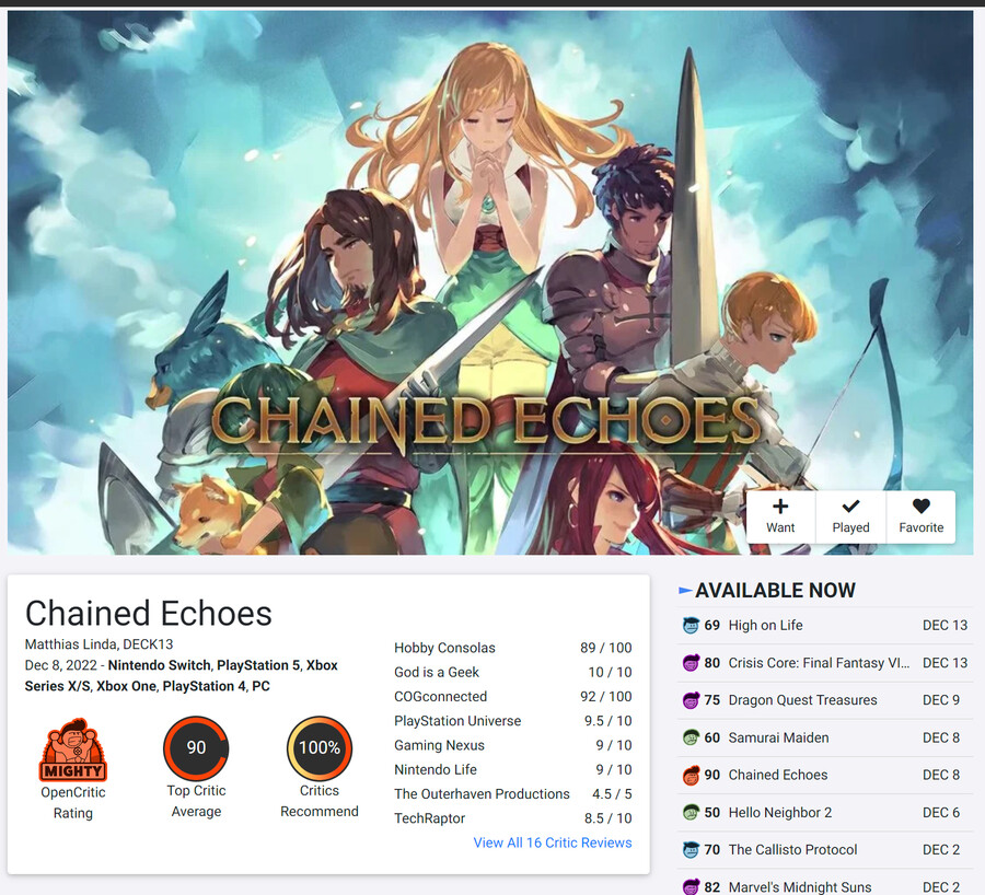 체인드 에코즈 Chained Echoes 메타크리틱 91점 달성 | 플레이스테이션 정보