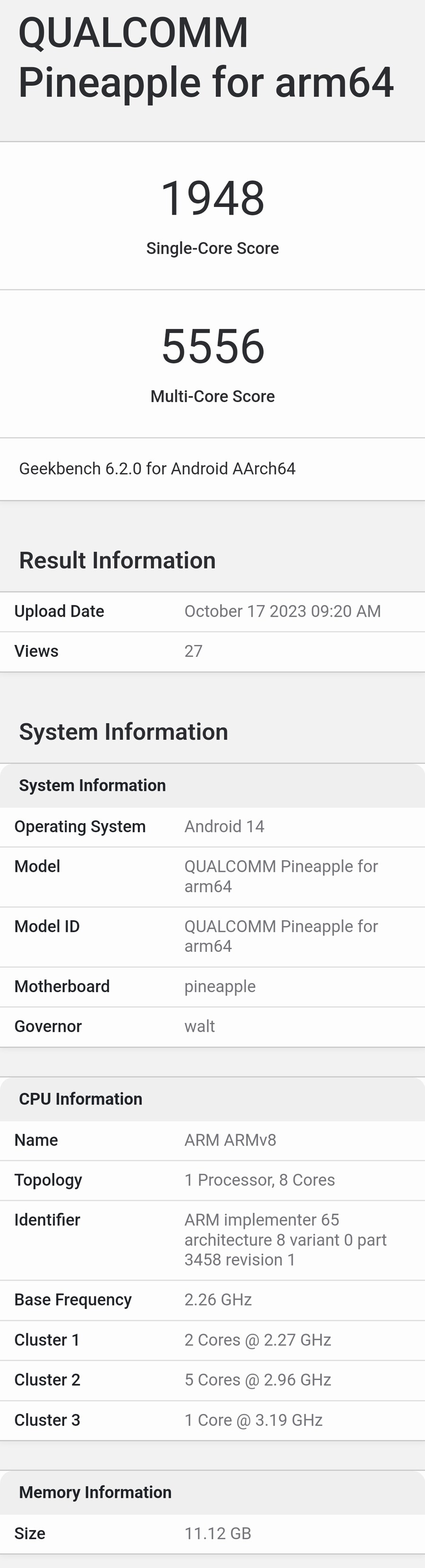 스냅드래곤 8G3 일반형, 10/17일자 긱벤치6 | 안드로이드 정보